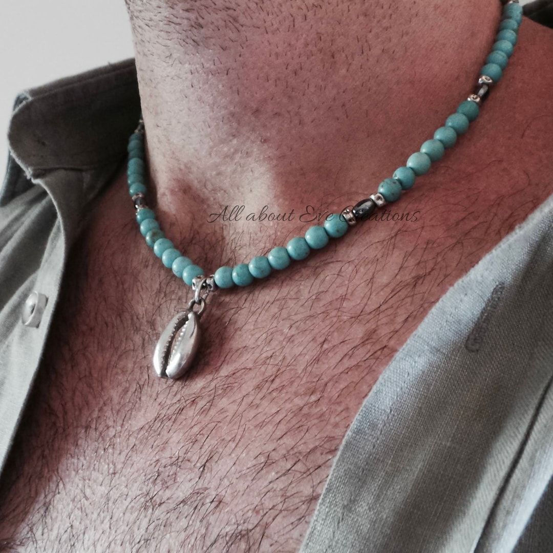 Mens Beaded Necklace. Mens Cowrie Shell Necklace. Mens Turquoise ...