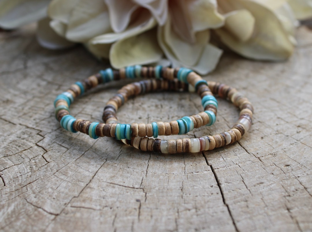 Mens Beaded Bracelet. Hammer Oyster Shell Heishi Bracelet. Coconut and ...