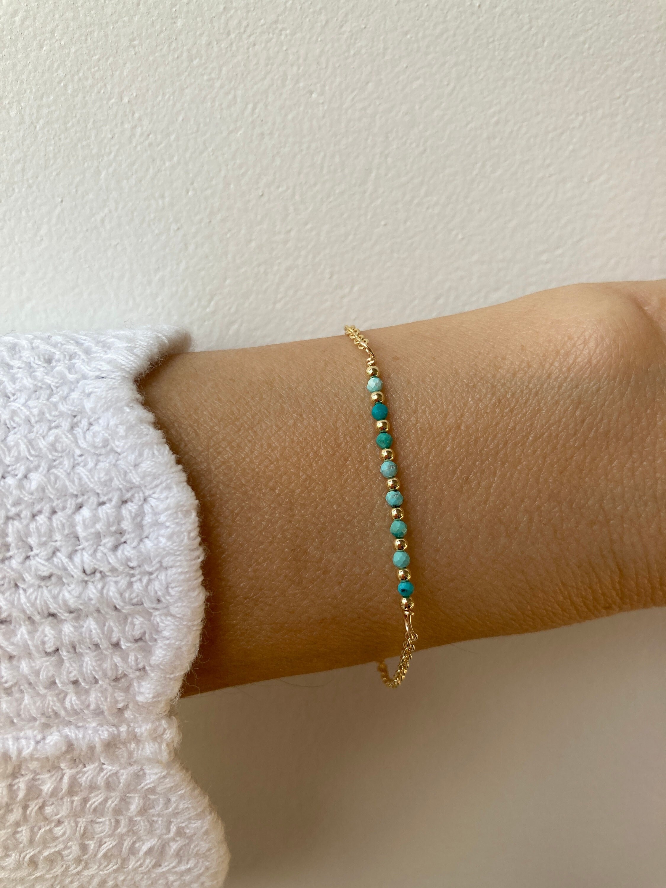 Genuine turquoise bracelet. Beaded turquoise bracelet. Gold filled ...
