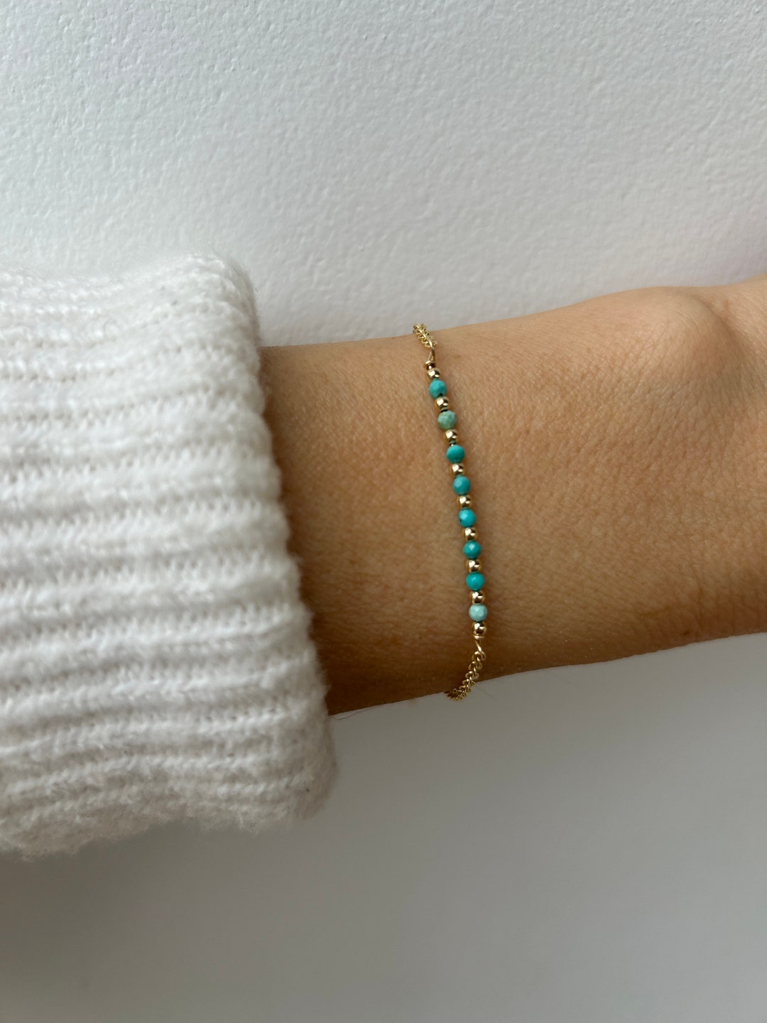 Genuine Turquoise Bracelet. Beaded Turquoise Bracelet. Gold Filled ...