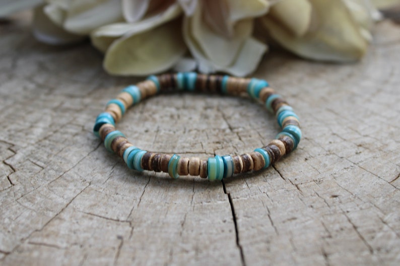 Mens Beaded Bracelet. Hammer Oyster Shell Heishi Bracelet. Coconut and ...