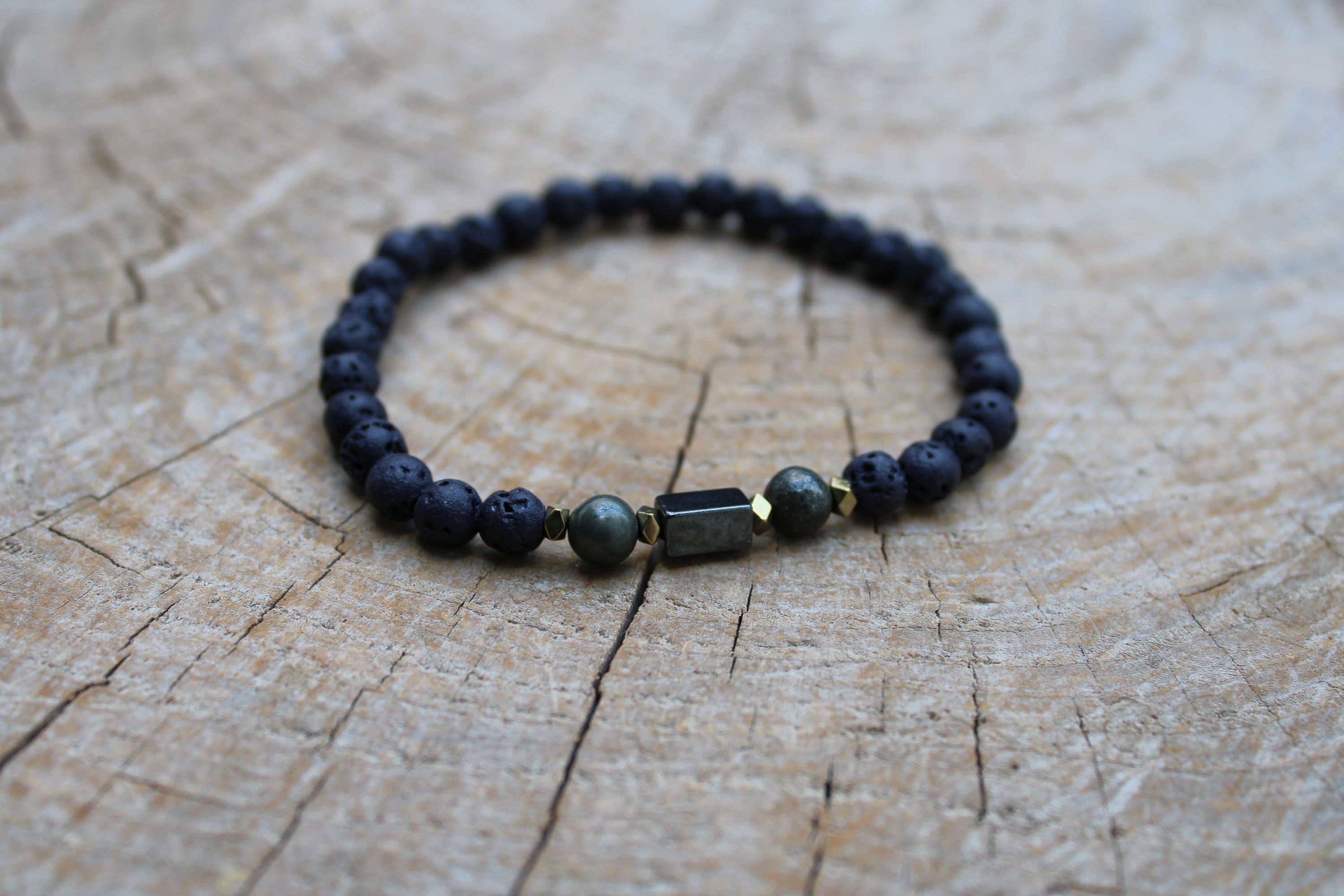 Mens lava rock bracelet. Beaded lava rock and hematite bracelet. Pyrite ...