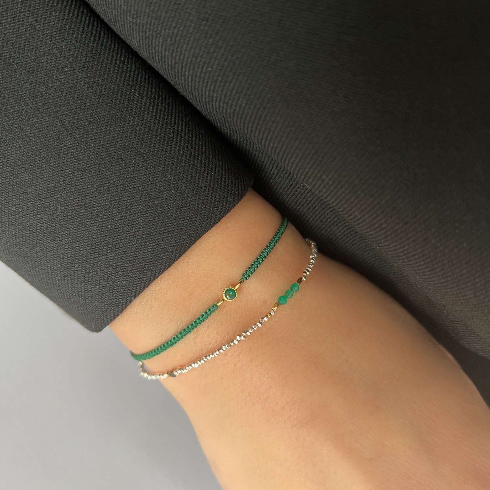 Emerald Green String Bracelet With Zircon Bead, Gold CZ Silk String ...