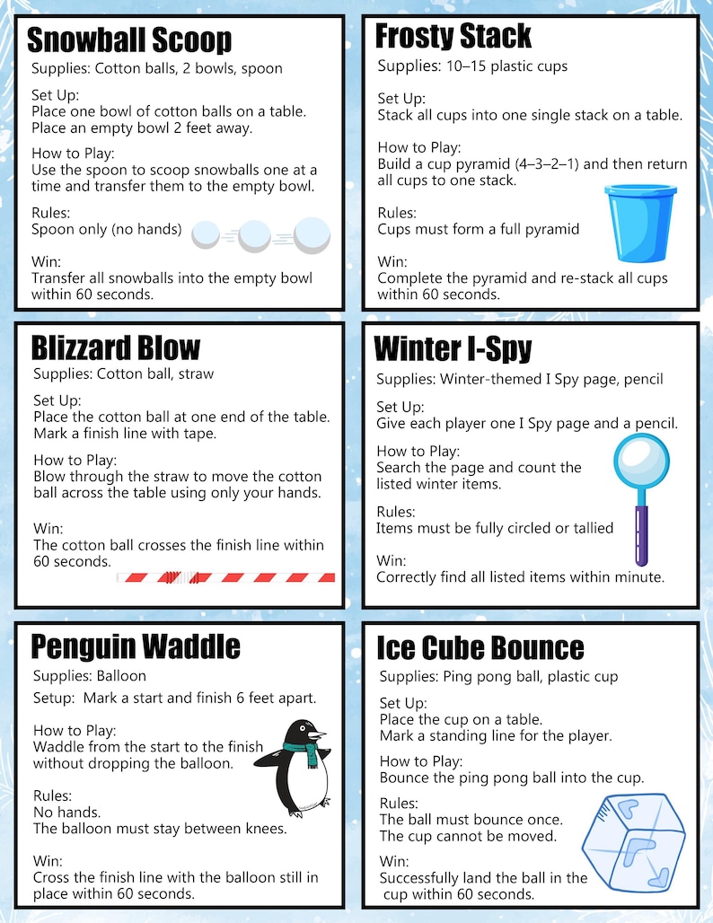 Winter Minute to Win It Games for Kids | Indoor Party Games | Classroom ...