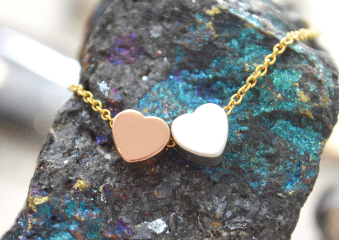 Double Hearts Necklace White Gold and Rose Gold Hearts on - Etsy
