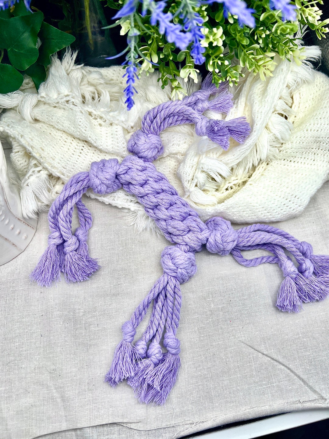Purple Macrame Bone Dog Toy, 100% Cotton, Pet Enrichment, Interactive ...