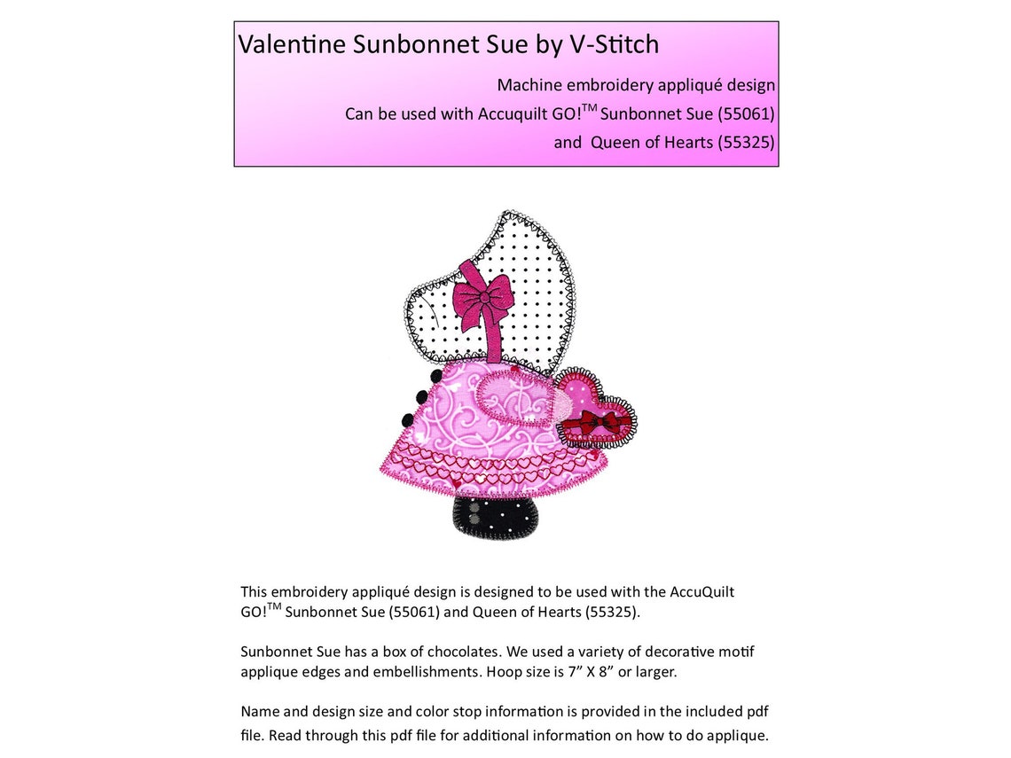 Valentine Sunbonnet Sue Appliqué Machine Embroidery Design. Compatible ...