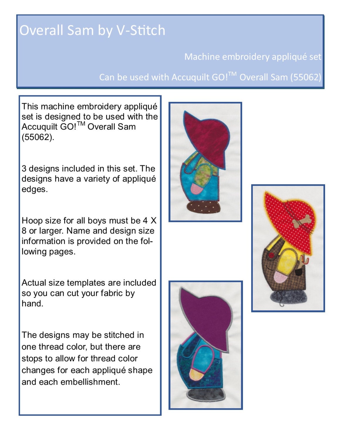 Accuquilt Overall Sam Applique Embroidery Design Set. Instant | Etsy UK