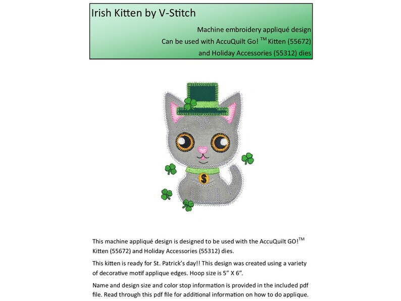Irish Kitten Applique Design. Instant Download Available. Hoop Size is ...
