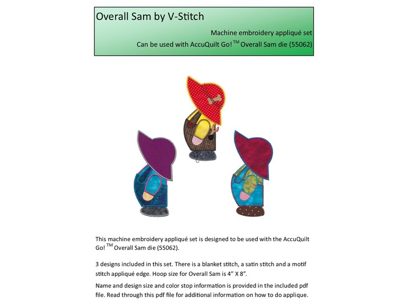 Accuquilt Overall Sam Applique Embroidery Design Set. Instant Download ...