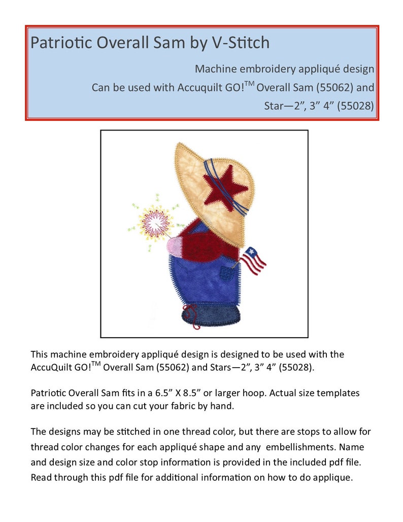 AccuQuilt Patriotic Overall Sam appliqué embroidery design. | Etsy