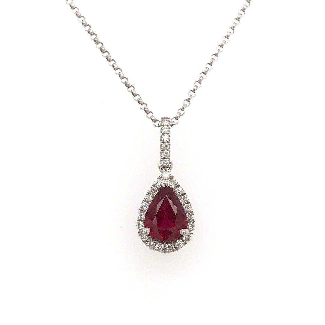 Pear Shaped Natural Red Ruby With Diamond Halo and Micropave in 18K ...