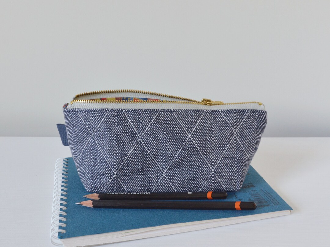 Adult Pencil Organizer - Blue Jacquard Linen Pen Case - Minimalist ...