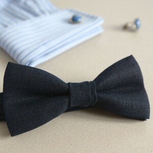 Navy Blue Linen Necktie - Solid Dark Blue Wedding Neckties - Groom's Necktie - Navy Blue Bowtie ...