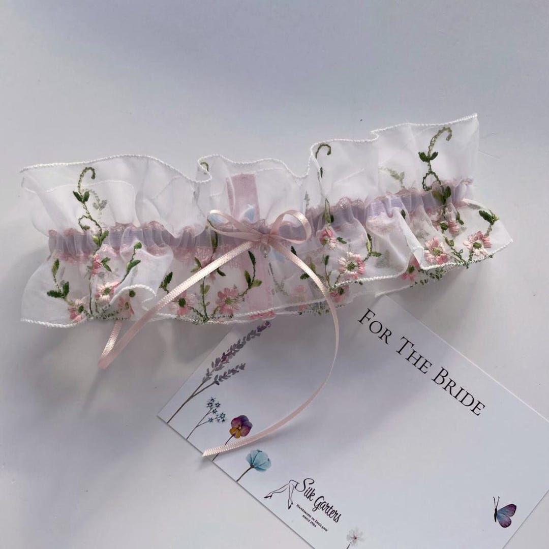 Unique Heirloom - Vintage Wedding Garter - Embroidered Pink & Green ...