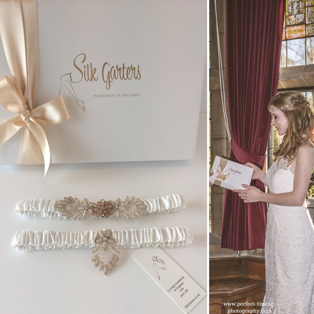 Vintage Wedding Garter Set, 'gatsby' Ivory Pure Silk, Gold Guipure Lace ...