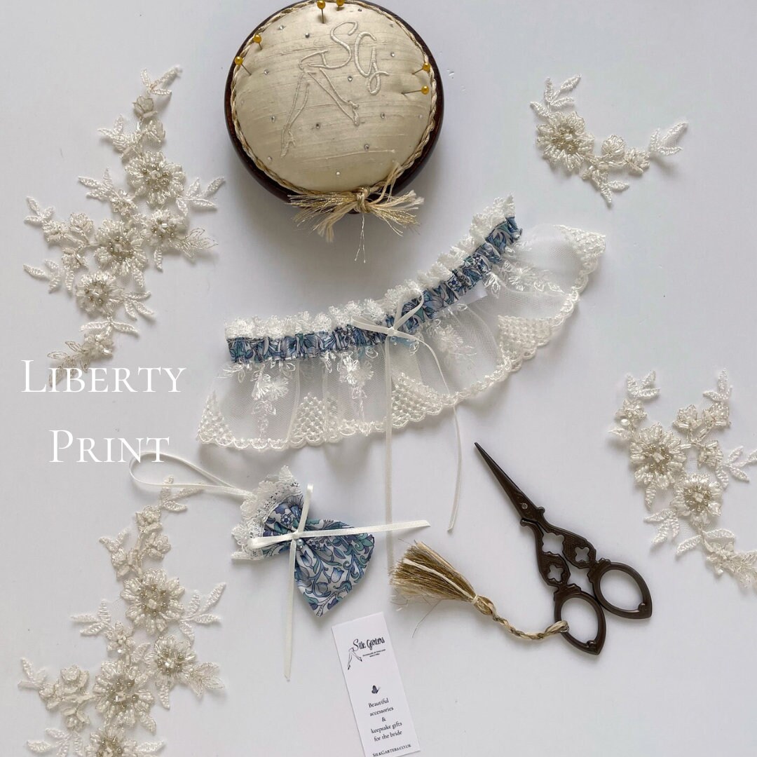 Liberty Print Something Blue Wedding Garter - Ivory Tulle & Blue Tana ...