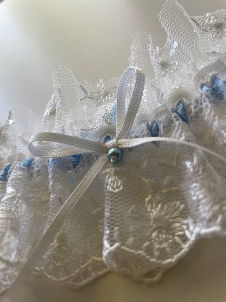 Dainty Tulle Something Blue Heart Wedding Garter - White Organza Ruffle ...
