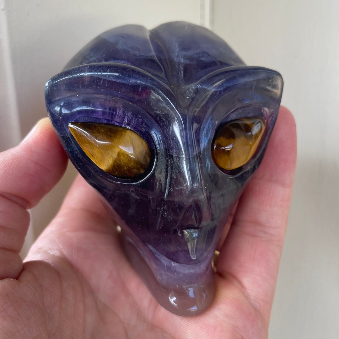 Large 2.8 Carved Purple Fluorite Alien Head With Tigers Eye - Etsy
