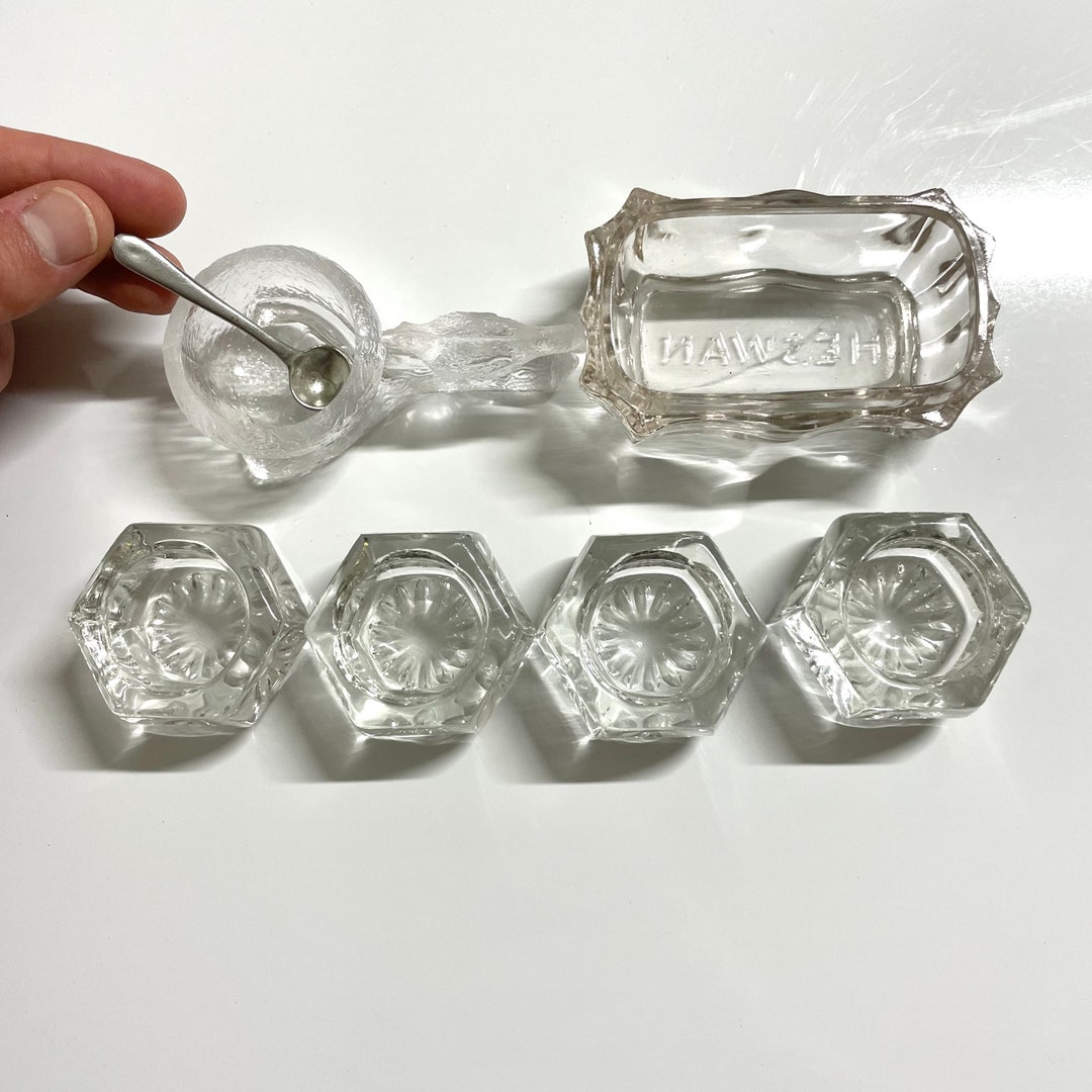 6pc Lot Vintage Glass Salt Dish Set With Pewter Spoon Collectible ...