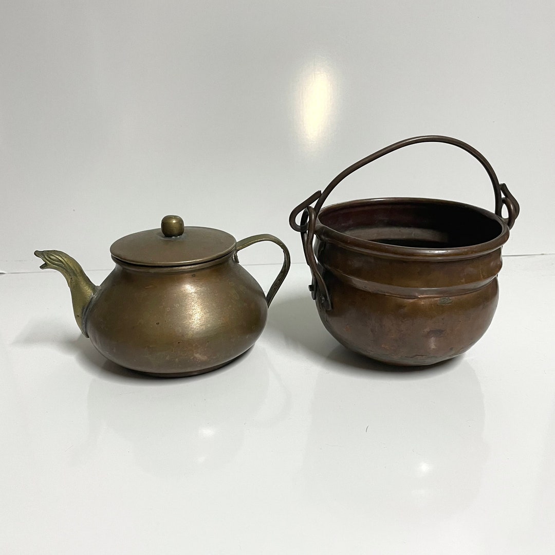 2pc Lot Vintage Bronze Metal Canister Pot Set Old 1940s Antique ...