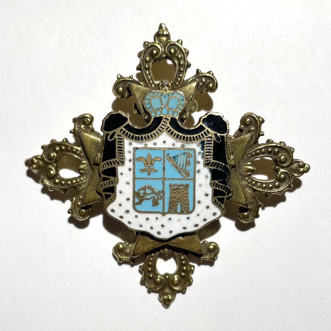 Vintage 2.1” Heraldic Mourning Enamel Brass Pin Black Draped Coat of ...