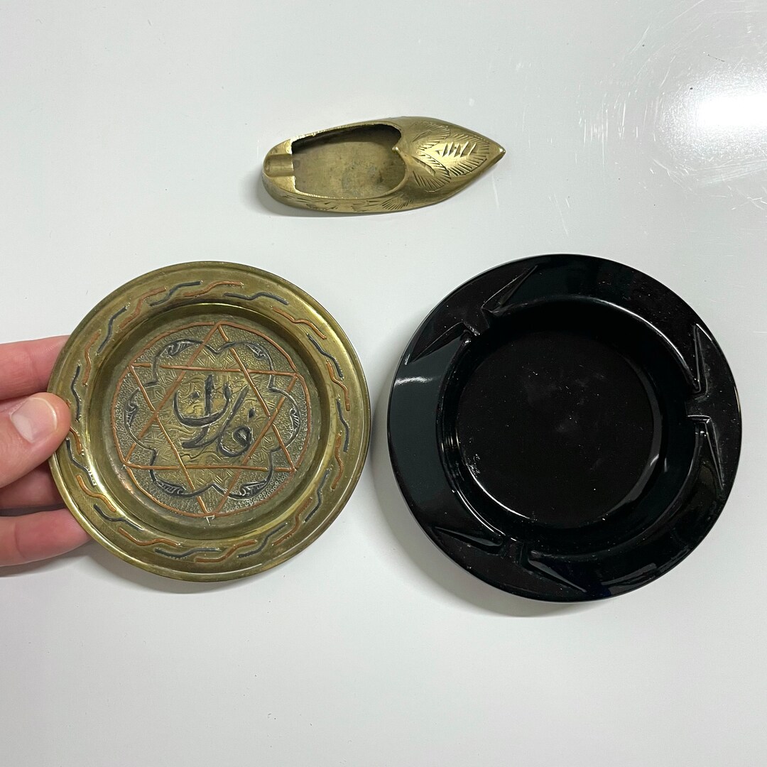 3pc Lot Vintage Red Glass, Brass Tray and Shoe Carved Ashtray / Incense Burning / Collectible ...