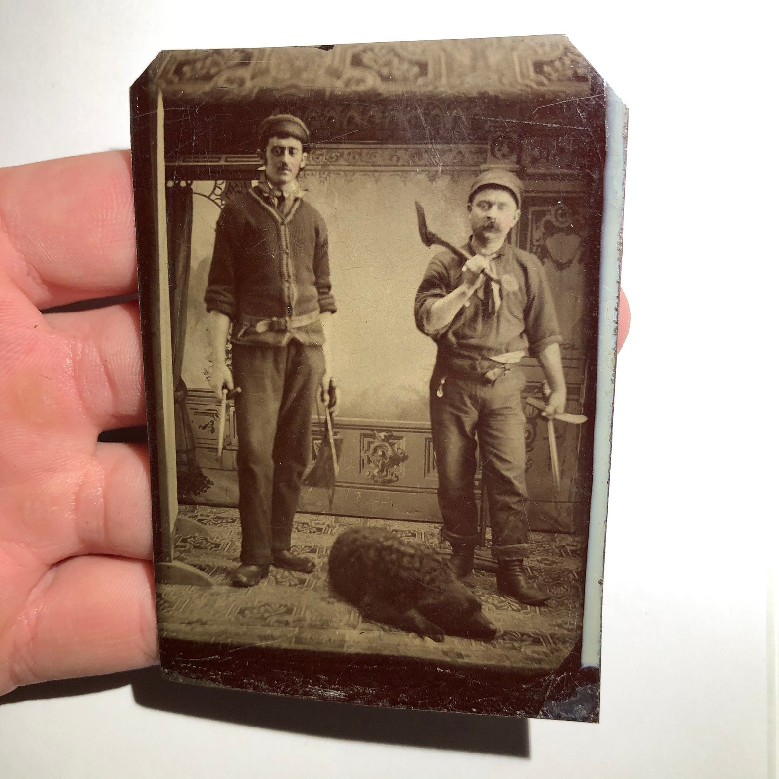 Rare Tintype Men With Knives Axe & Dog Crisp Details - Etsy