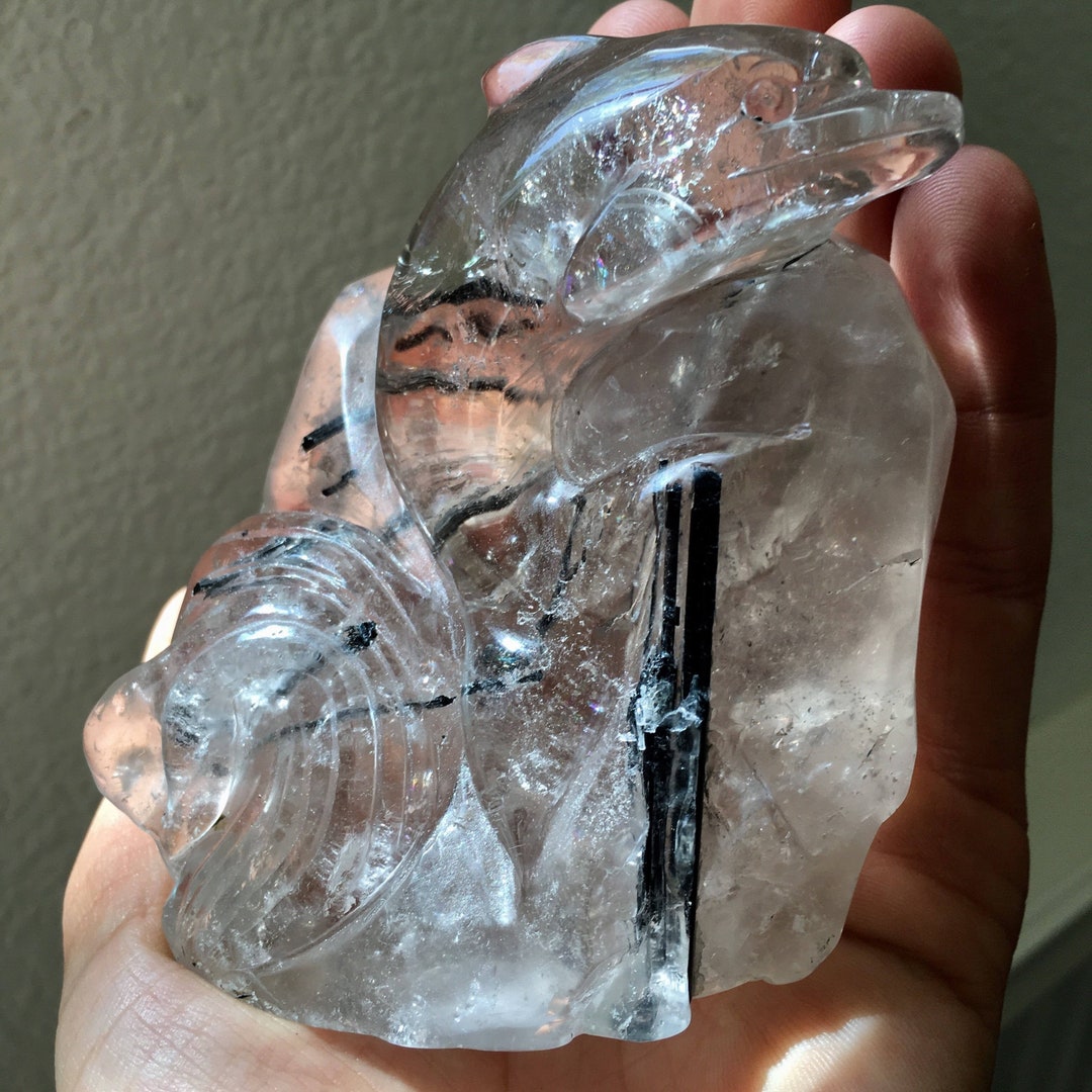 Rare 3.5 Carved Gem Smoky Quartz W/ Black Tourmaline Schorl Dolphin ...