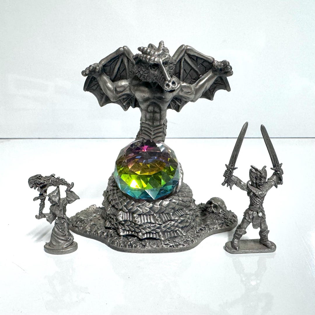3pc Lot Vintage Pewter Dragon Glass Crystal, Wizard & Warrior Figurine ...