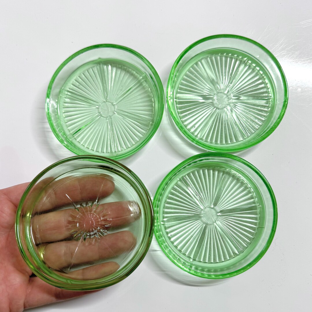 4pc Lot Vintage 3.2” Green Uranium Glass Ashtray or Drink Coaster Set ...