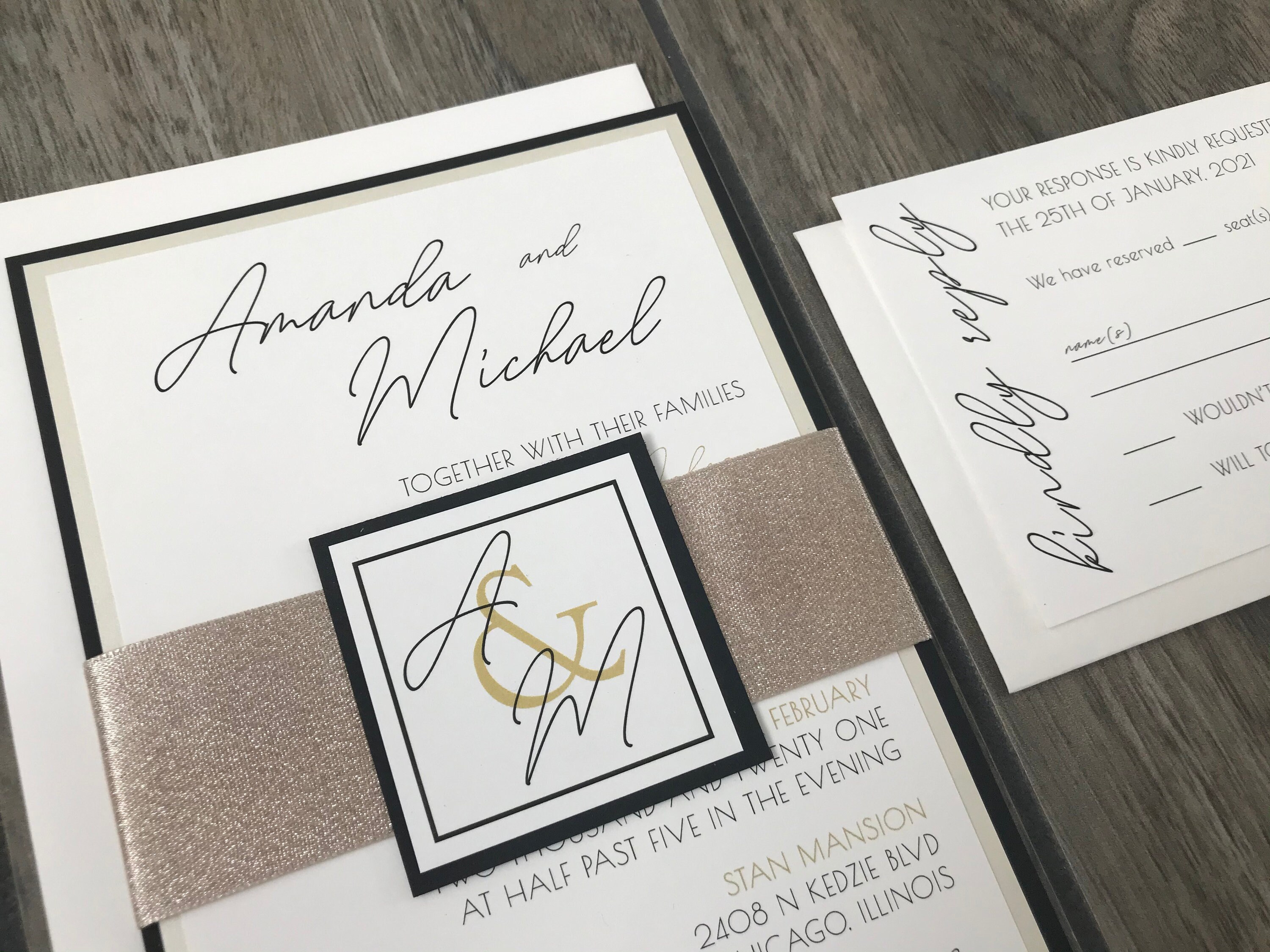 Black and Champagne Wedding Invitation Set Modern Wedding | Etsy