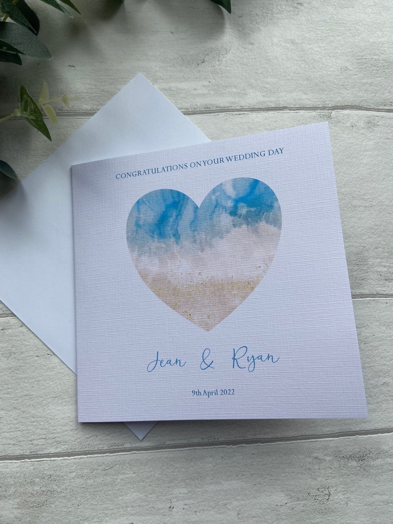 Personalized Beach Wedding Card: Linen Heart Design, Vacation, Overseas ...