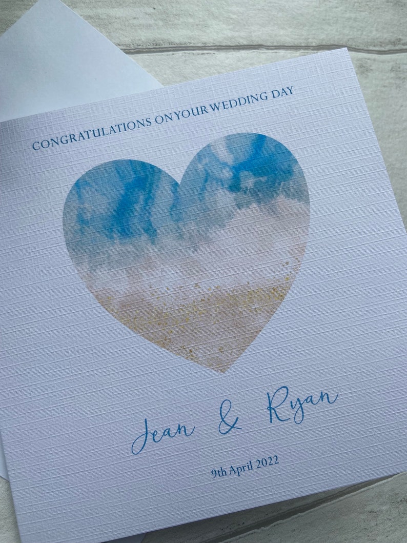 Personalized Beach Wedding Card: Linen Heart Design, Vacation, Overseas ...