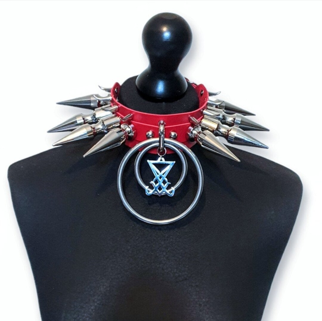 Lucifer Spike Collar, Pu Leather Choker, Red Spike Choker, Gaint Spike ...