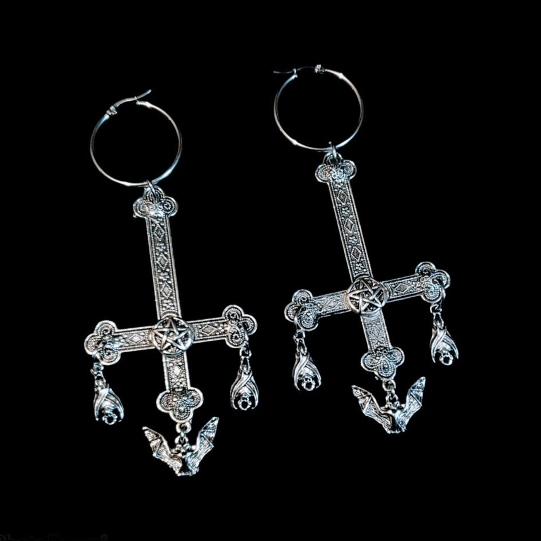 Gothic Cross Earring, Inverted Cross Earring, Goth Earring, Bat Earring ...