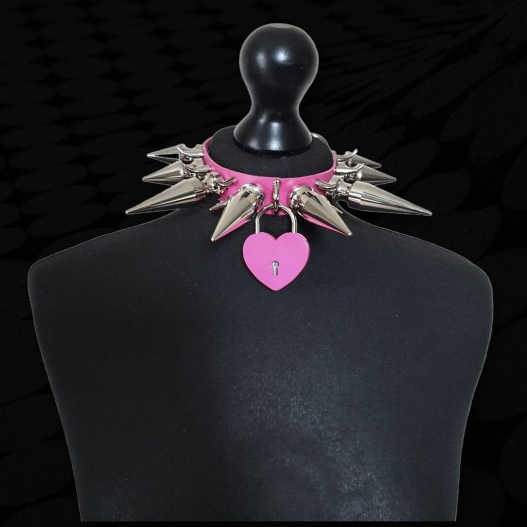 Hot Pink Spiked Collar, Heart Padlock Collar, Leather Choker, Goth ...