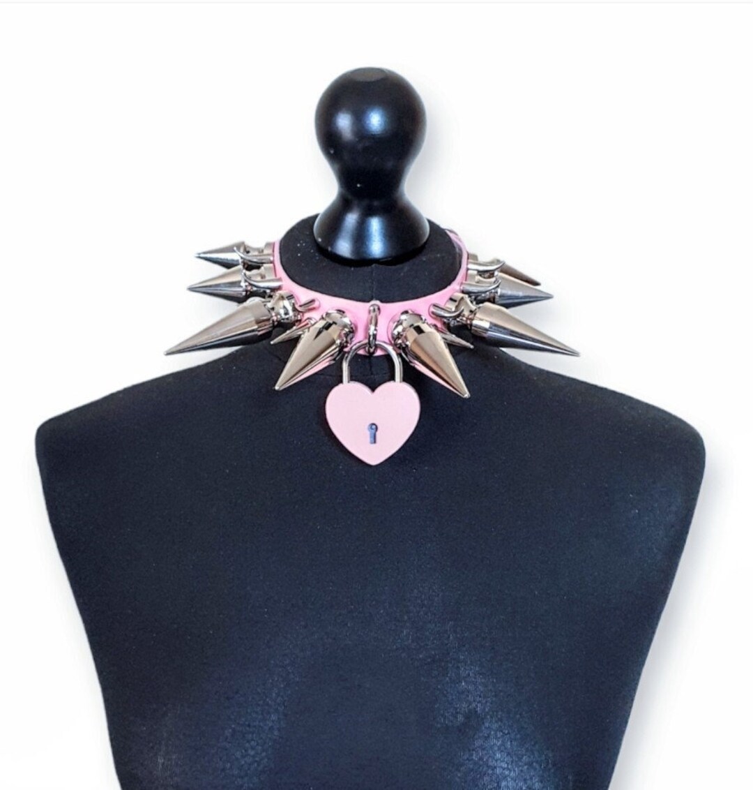 Pink Spiked Collar Heart Padlock Collar Leather Choker Goth - Etsy