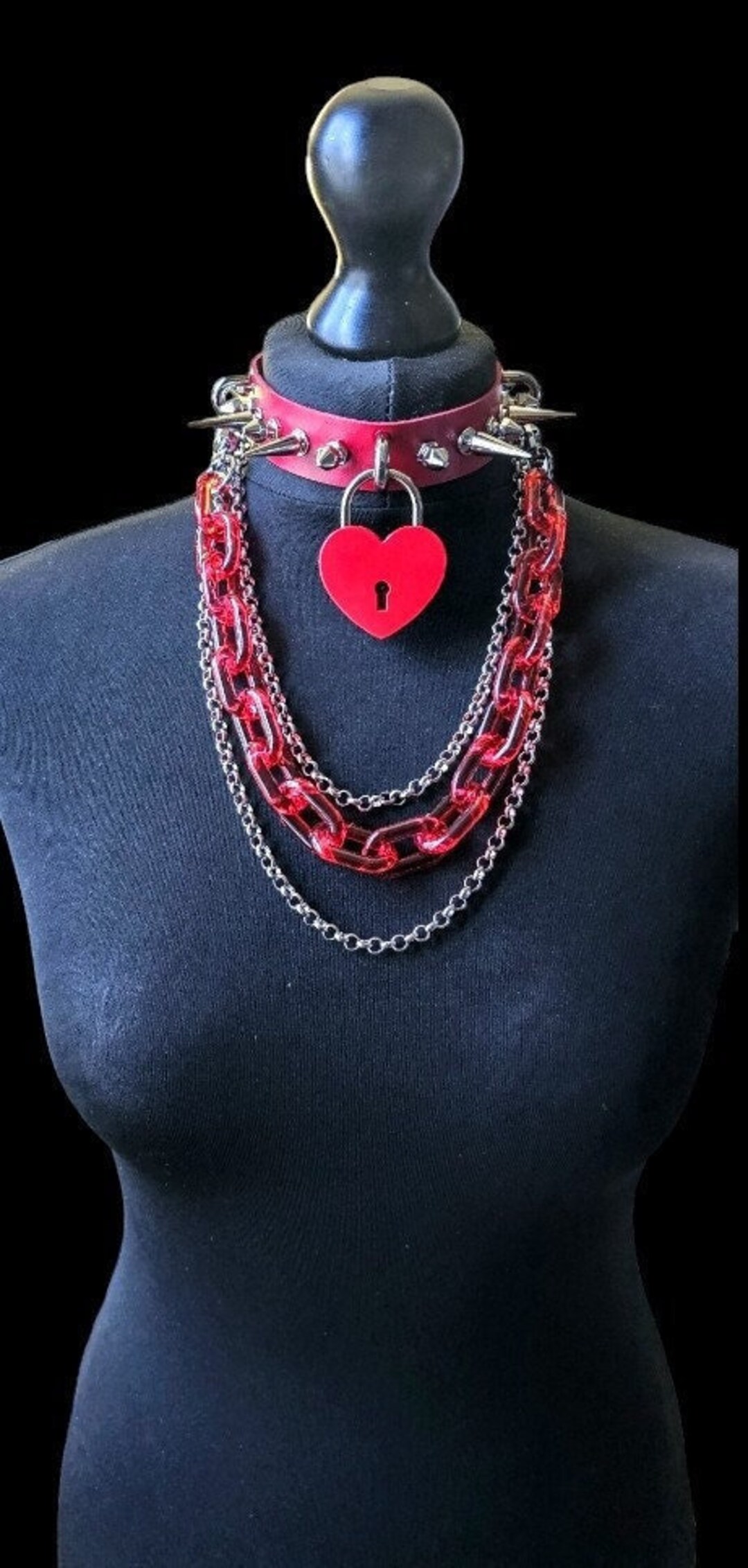 Red Spiked Collar, Heart Padlock Collar, Punk Choker, Goth Collar ...