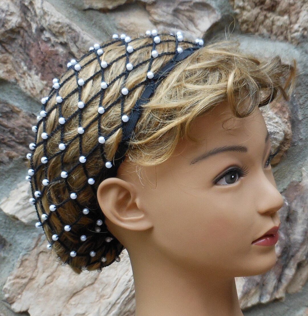 SHORT HAIR Beaded Black Renaissance Hair Snood With Pearl Beads for ...