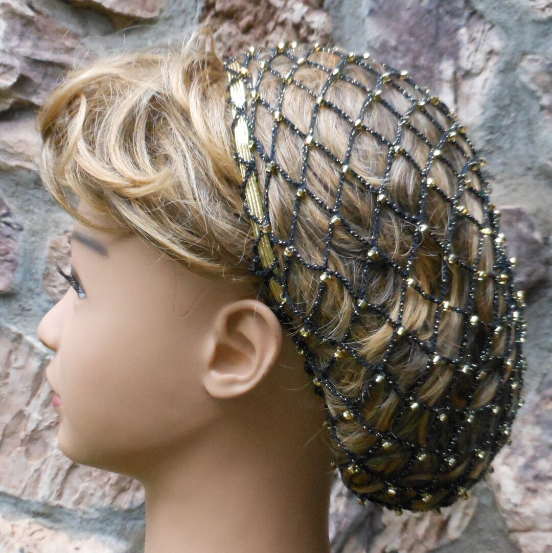 SHORT Hair NAPE of the Neck Beaded Black & Metallic Gold Hair Snood ...