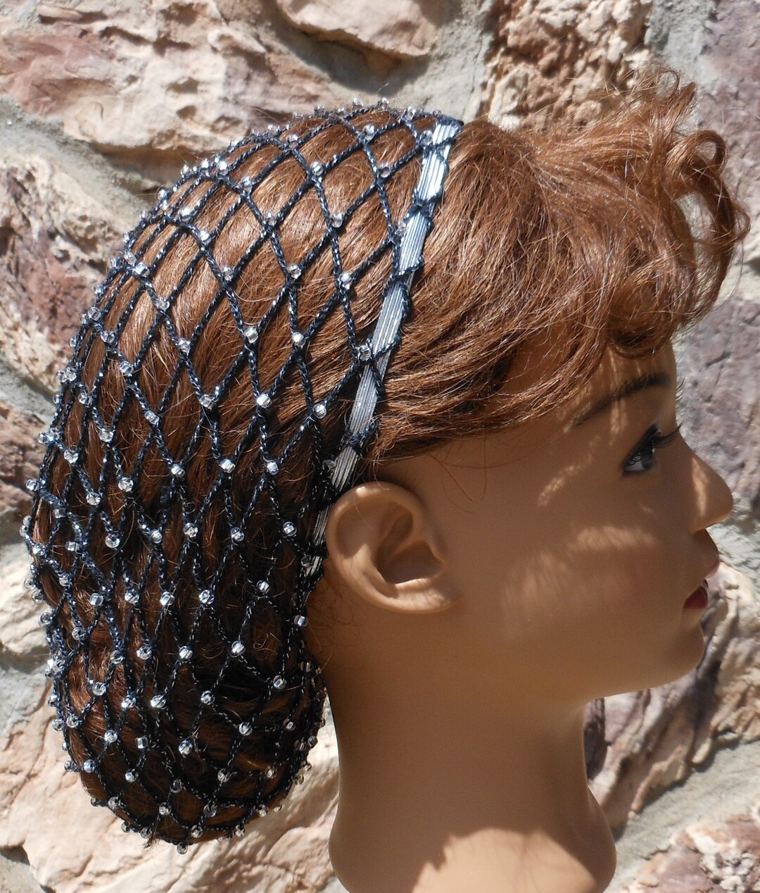 Hair 1-2 Inches BELOW the Shoulders Beaded Hair Snood Black & Silver ...