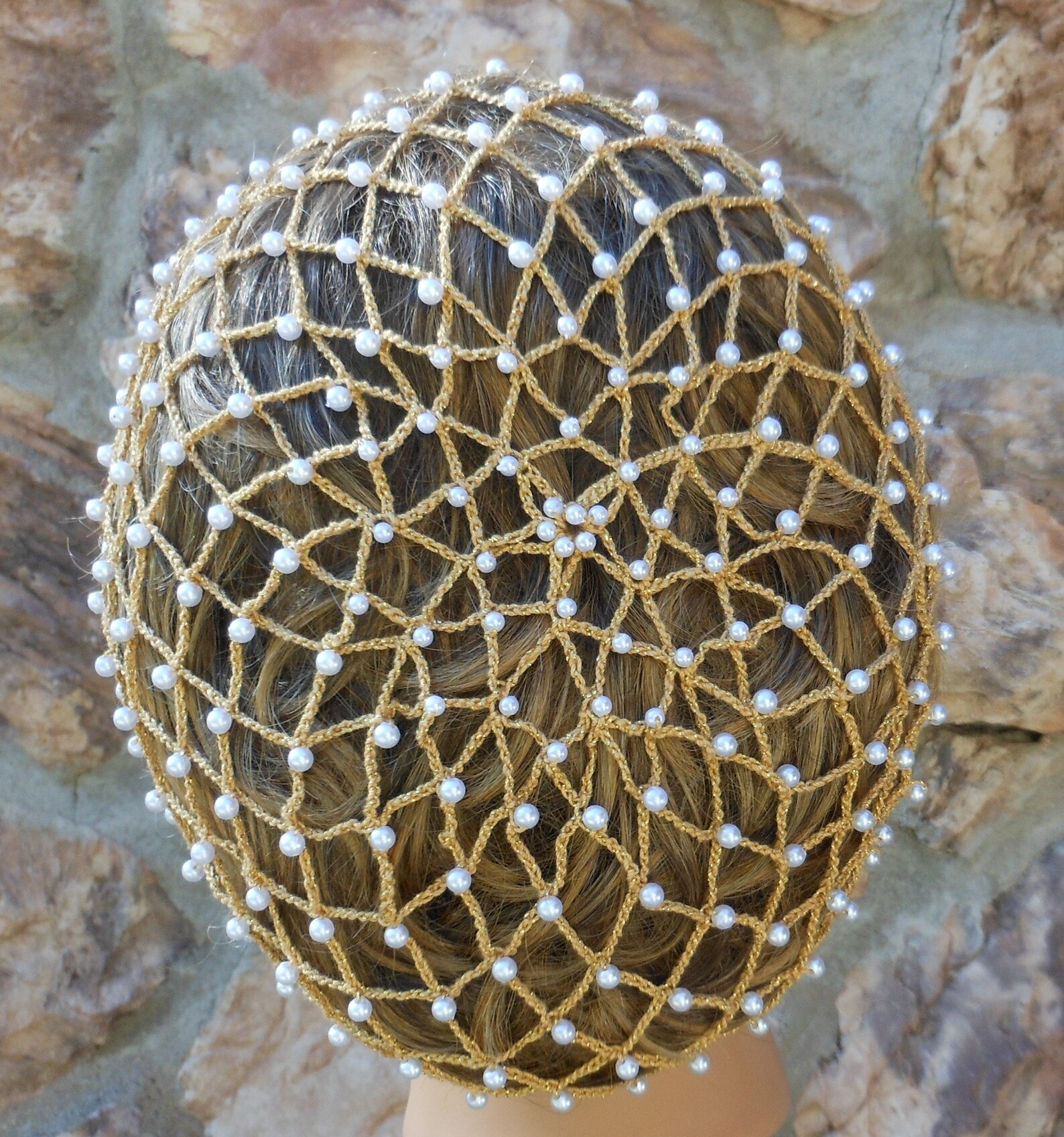 SHORT HAIR Metallic Gold Hair Snood With Pearl Beads - Etsy