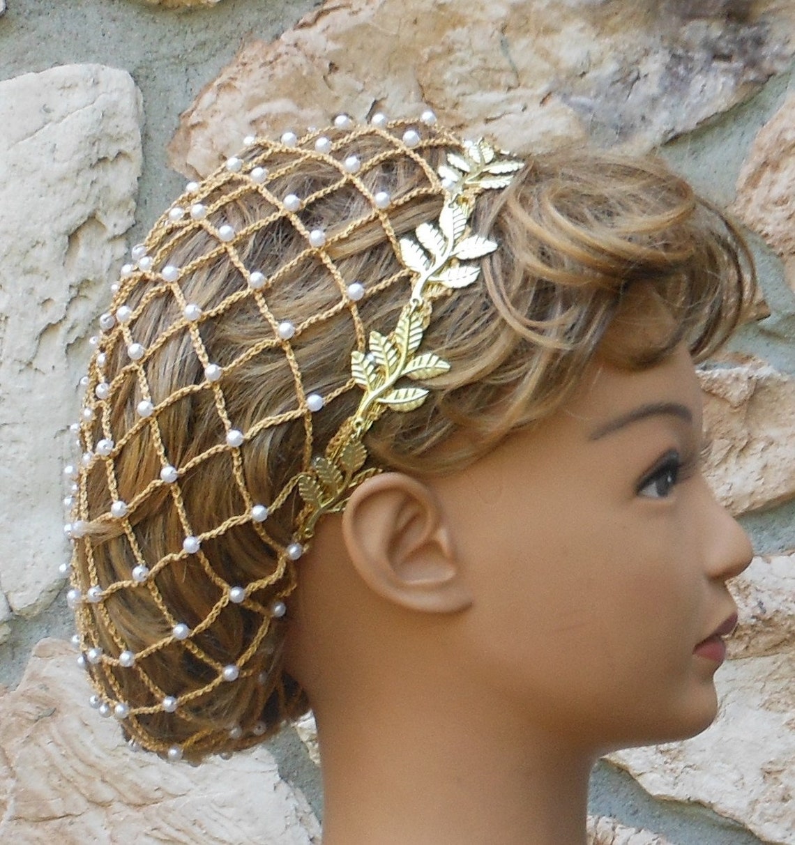 SHORT HAIR Metallic Gold Hair Snood With Pearl Beads With Gold Metal ...