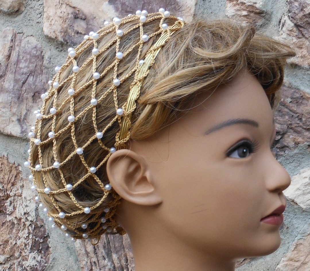 SHORT HAIR Metallic Gold Hair Snood With Pearl Beads "gold Glow" SHORT ...