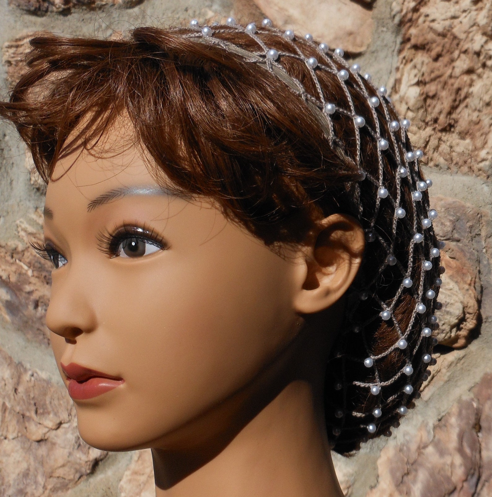 Hair 1-2 Inches BELOW the Shoulders Taupe Renaissance Beaded Hair Snood ...