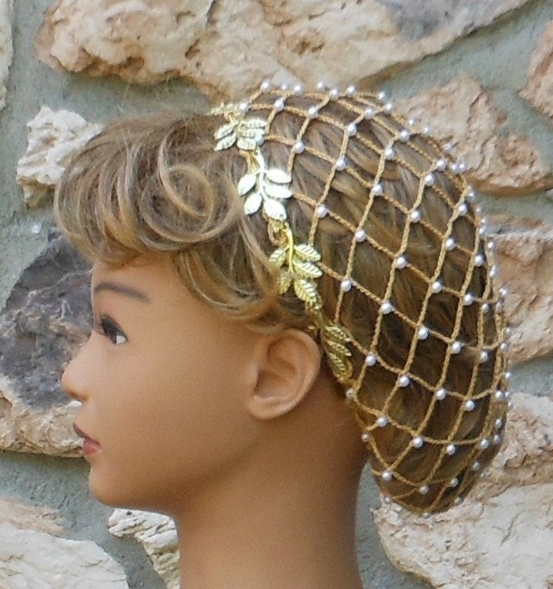 SHORT HAIR Metallic Gold Hair Snood With Pearl Beads With Gold Metal ...