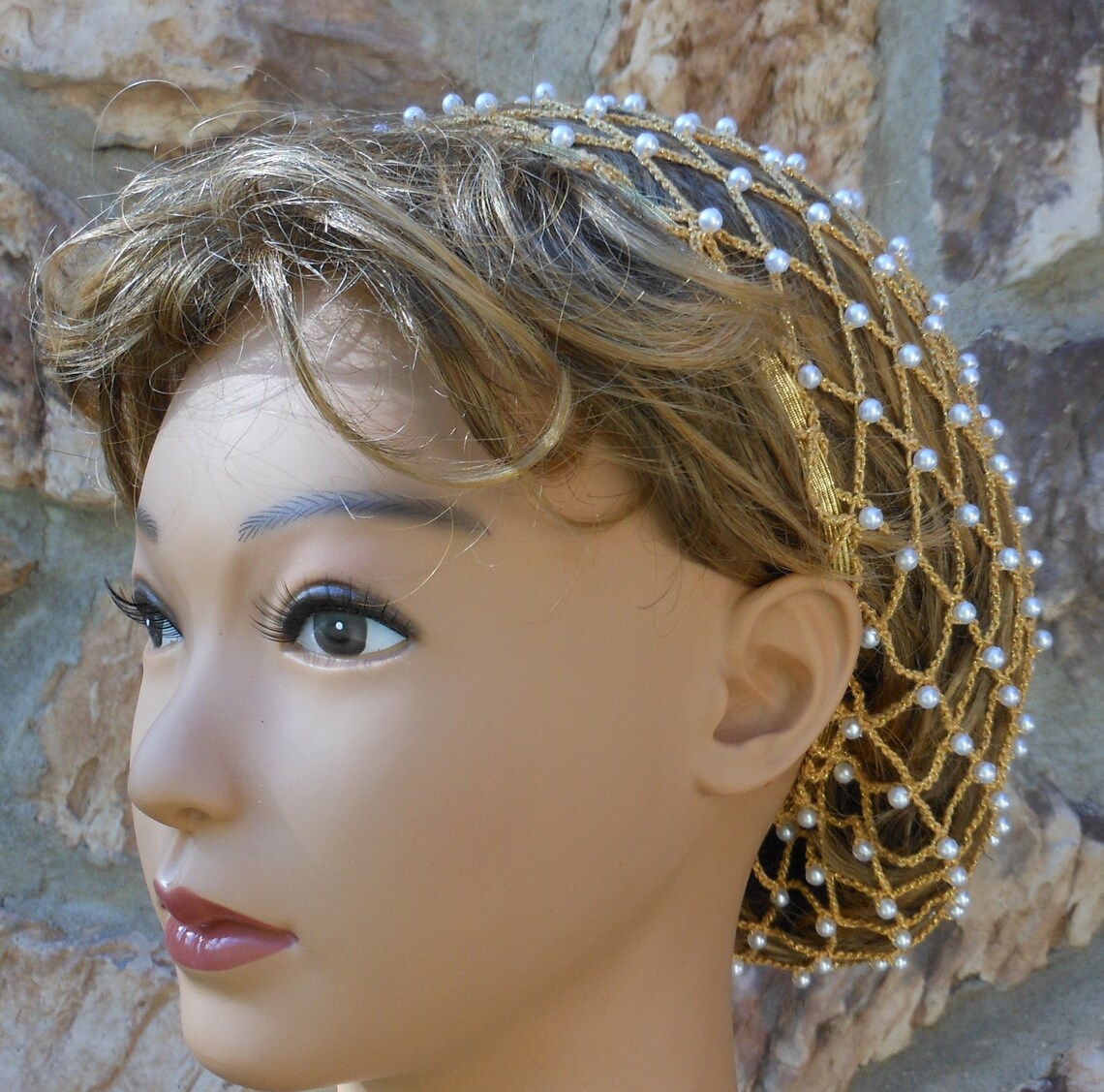 SHORT HAIR Metallic Gold Hair Snood With Pearl Beads - Etsy