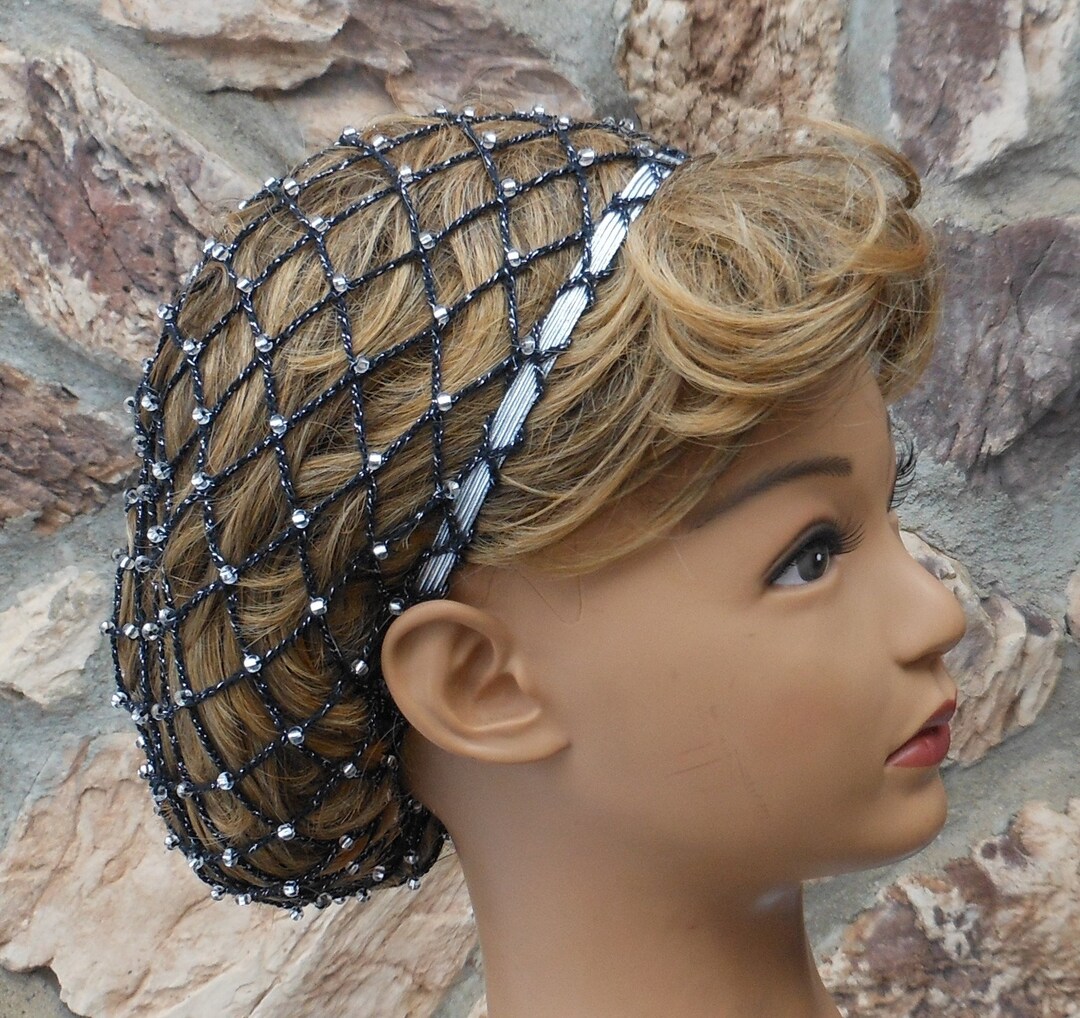 SHORT Hair NAPE of the Neck Beaded Black & Silver Hair Snood With Czech ...