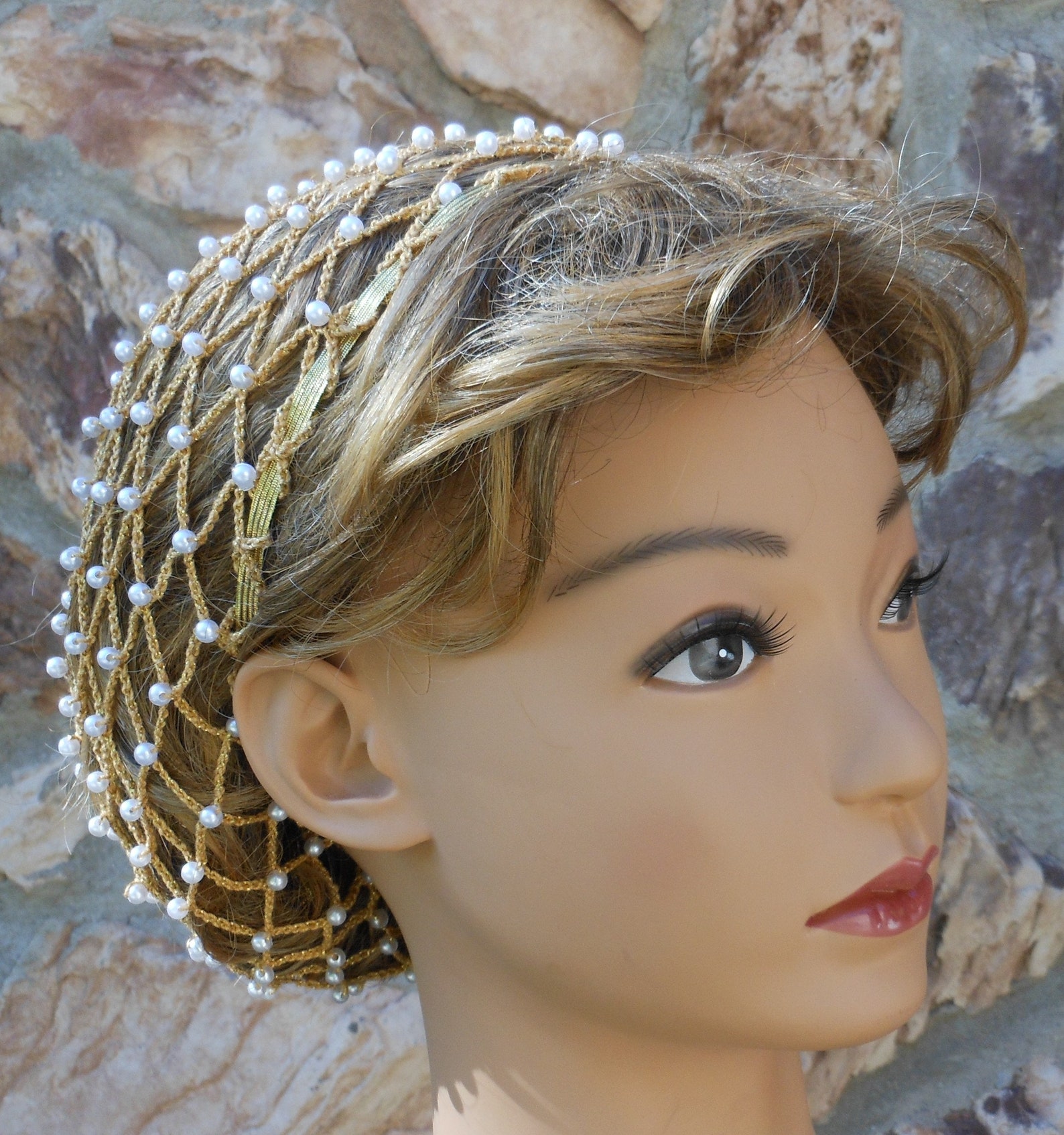 SHORT HAIR Metallic Gold Hair Snood With Pearl Beads - Etsy